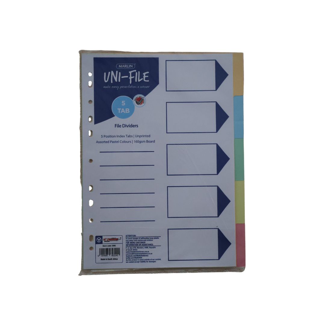 File Dividers A4 5 Tab Pastel Board - Stationery Express